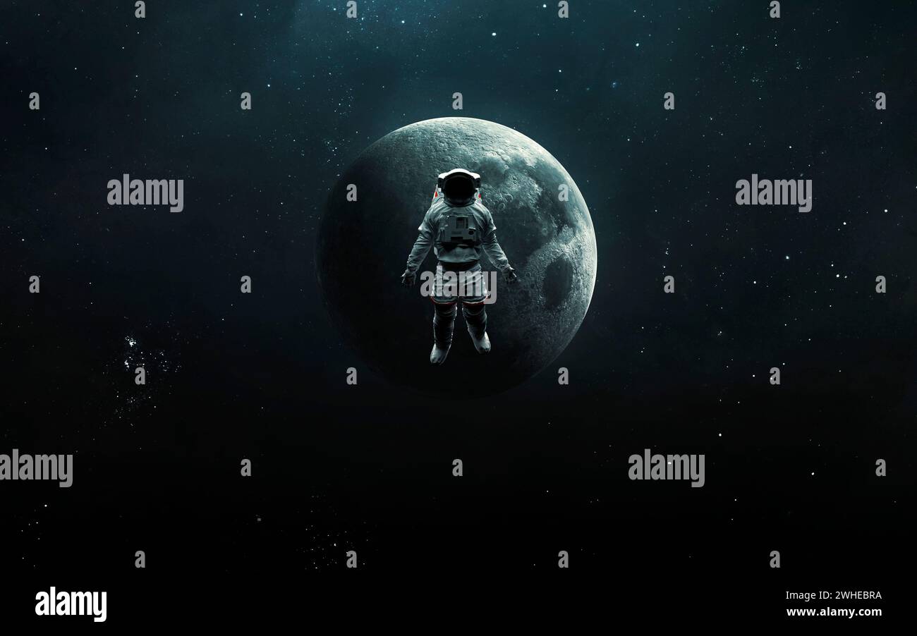 Astronaut on the background of the moon in space. 5K realistic science ...