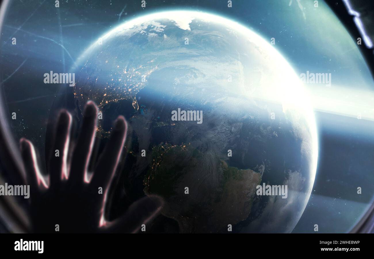 Human looks out the window of a spaceship to Earth planet. 5K realistic ...