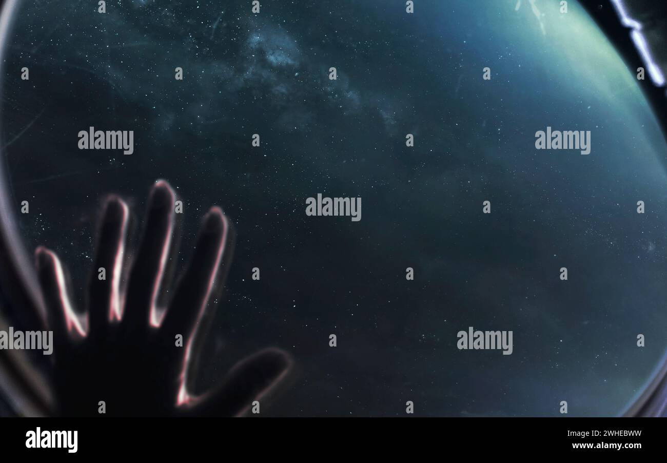 Human looks out the window of a spaceship into space. 5K realistic ...