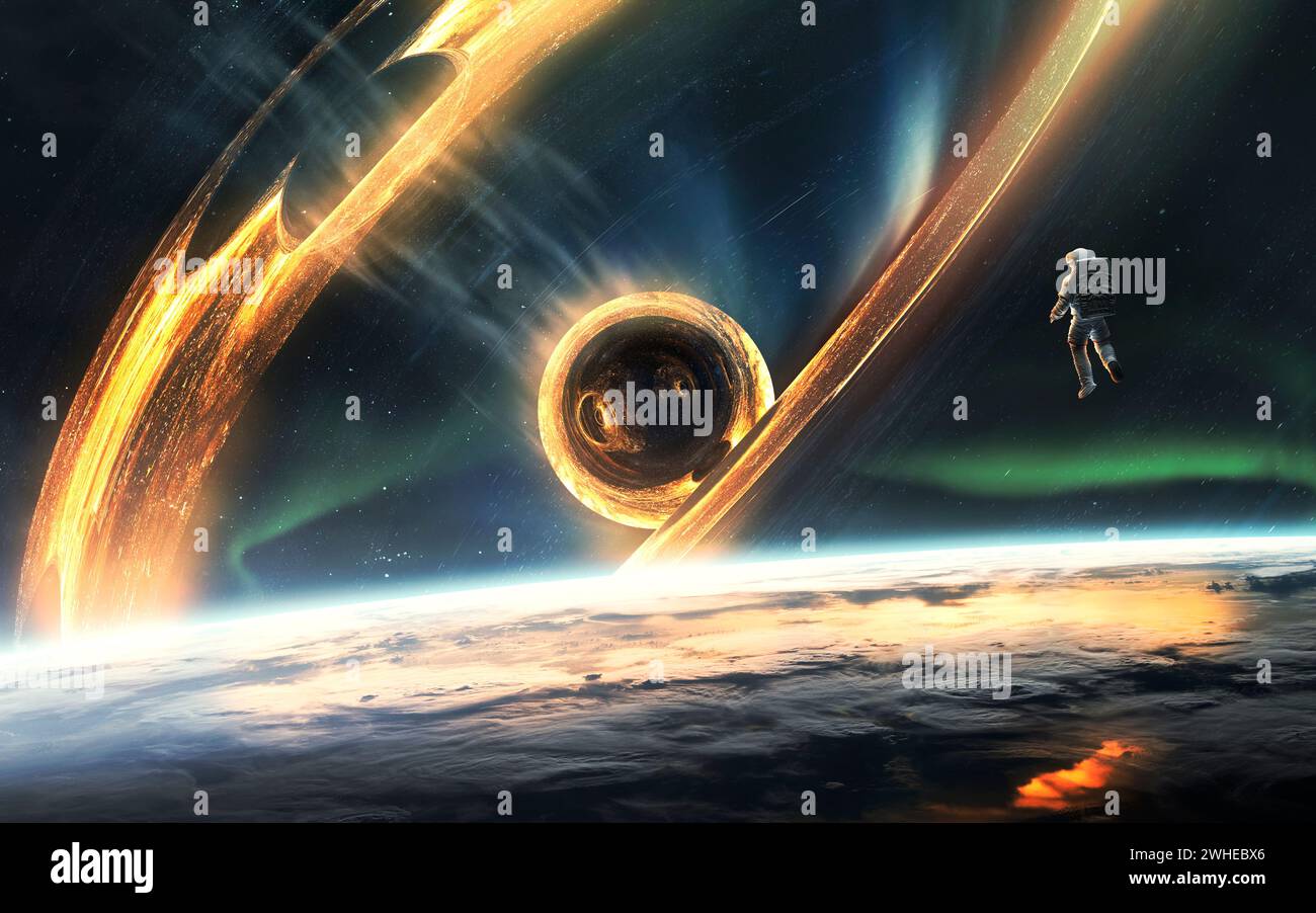 Black hole absorbing light in deep space. 5K realistic science fiction ...