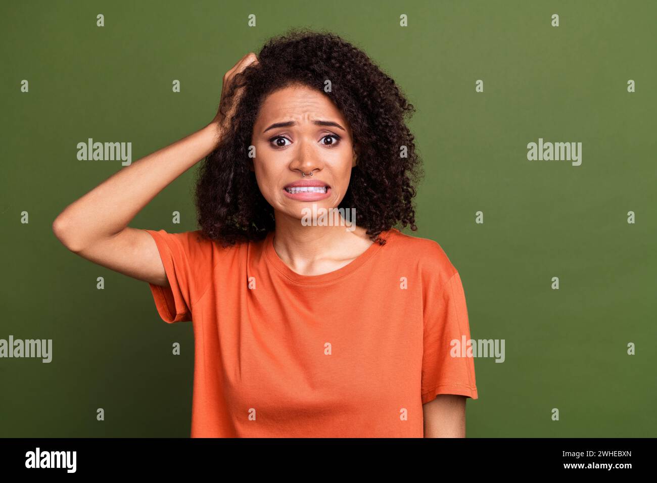 Photo portrait of lovely young lady worried terrified expression ...