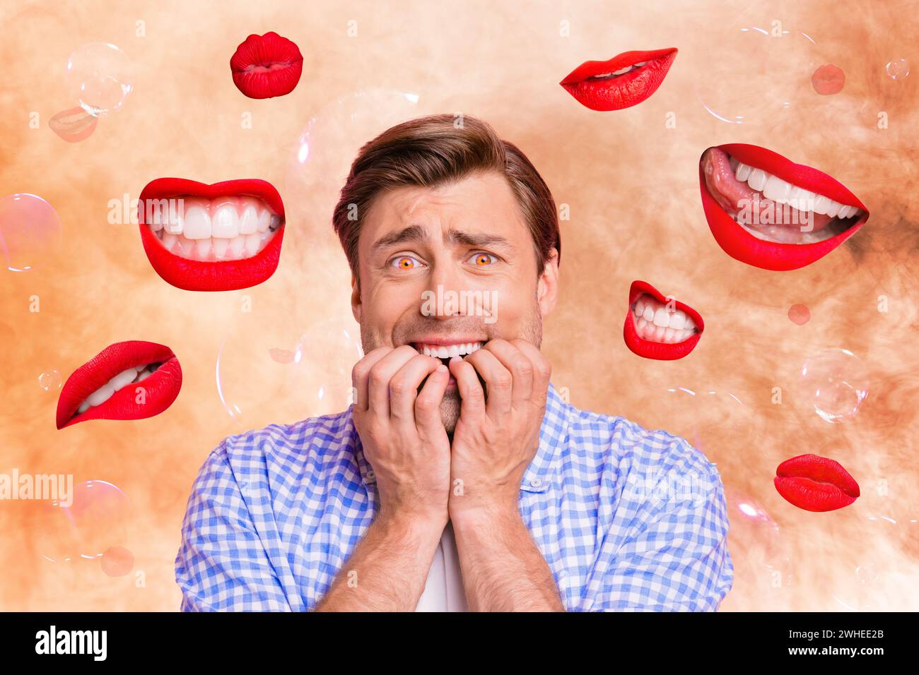 Collage artwork graphics picture of scared guy afraid red pomade lips mouth biting him isolated ...