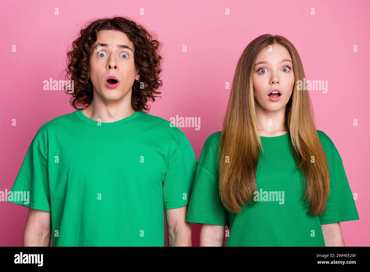 Closeup portrait of two funny young teenage friends amazed impressed ...