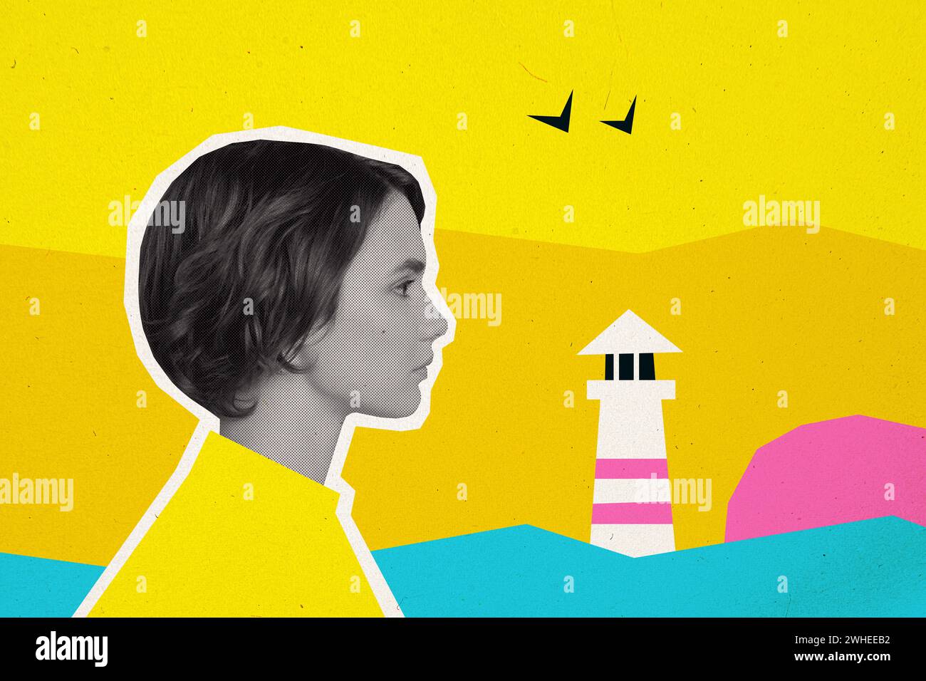 Creative collage picture young girl sad emotion melancholy depression ...