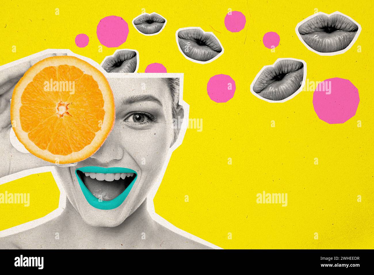 Creative photo collage young smiling girl half head woman lips kisses ...
