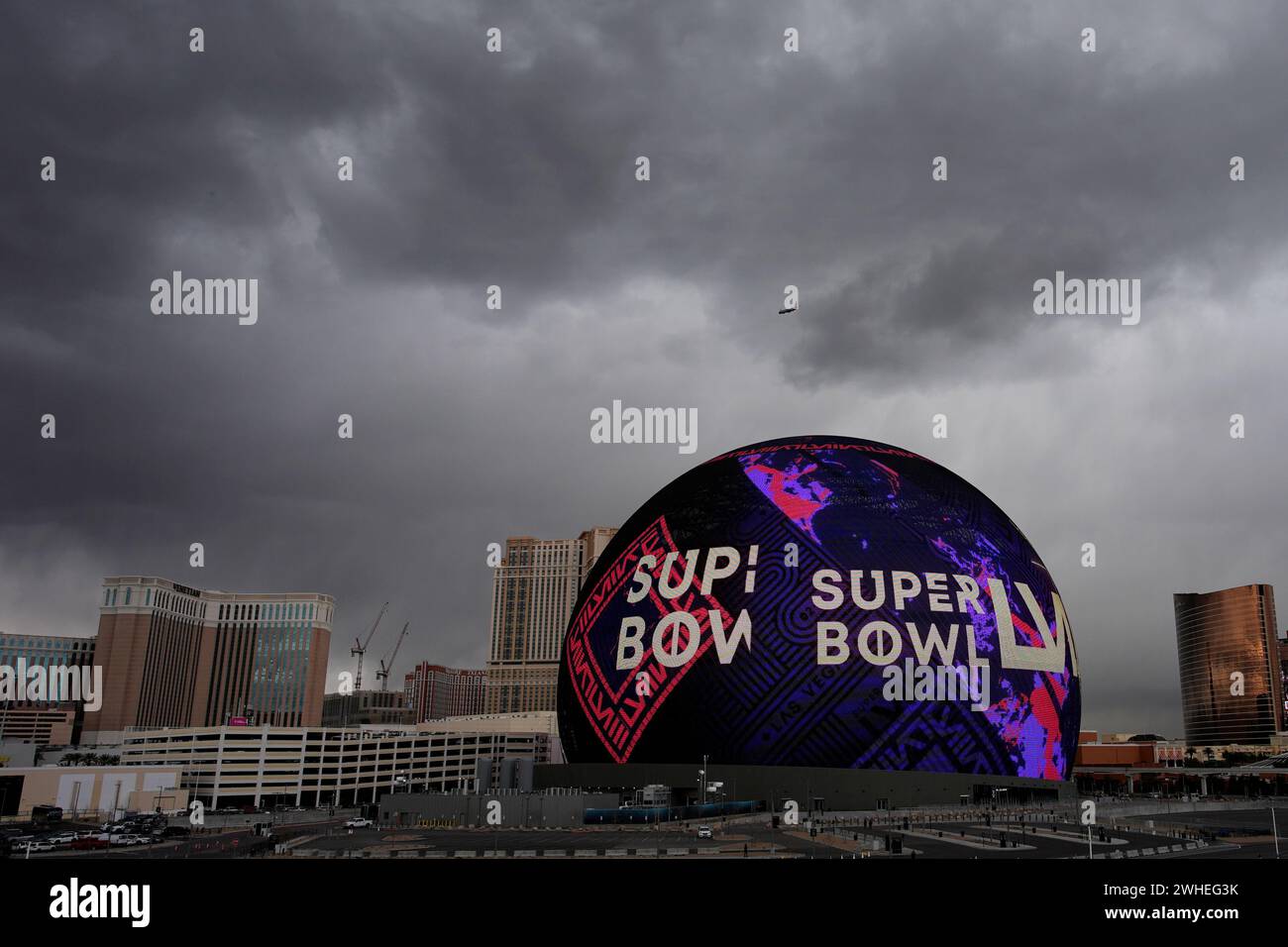 An advertisement for the Super Bowl is displayed on the Sphere ahead of ...