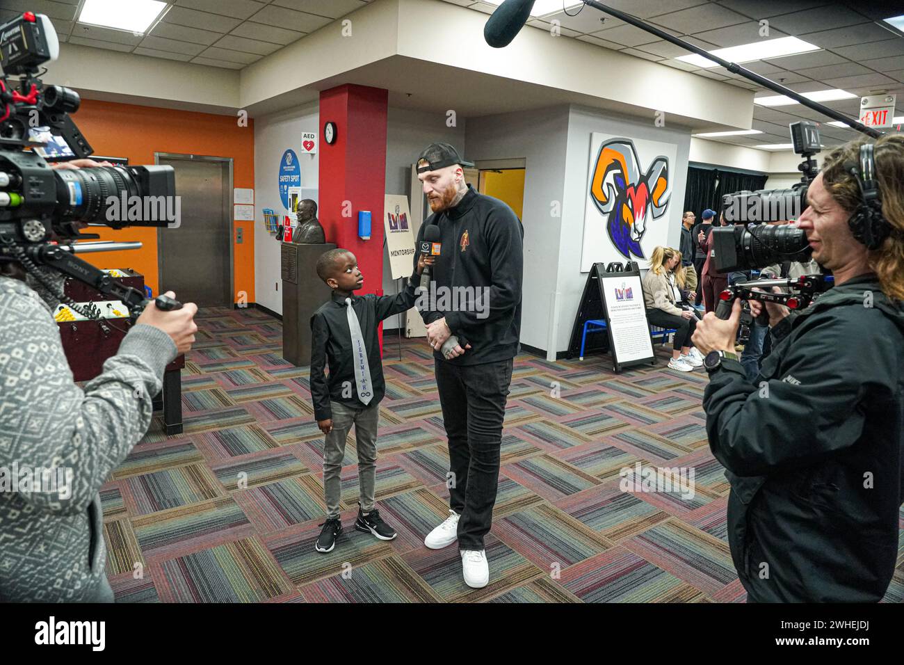 Henderson, Nevada, USA, February 9, 2024, Kid Reporter Jeremiah doing ...