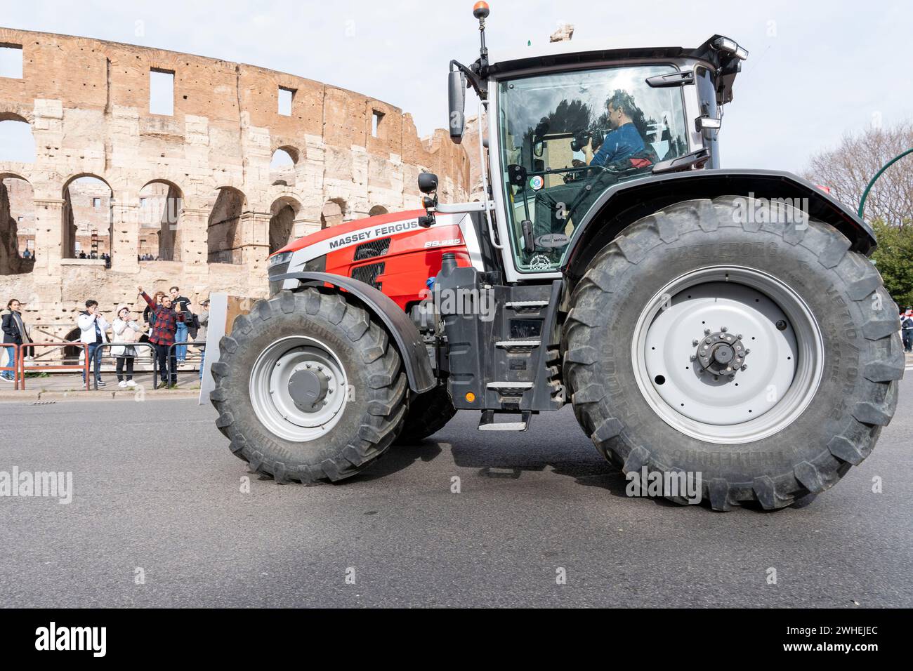 Rome, Italy. 09th Feb, 2024. Italian farmers drive their tractor on the ...
