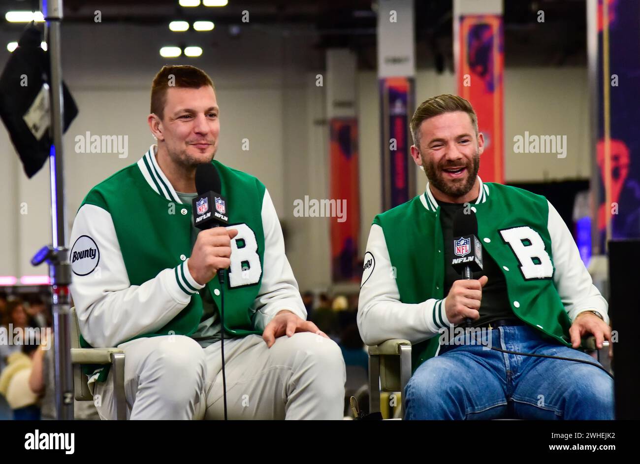 Las Vegas, Nevada, USA, February 9, 2024 - Rob Gronkowski and Julian Edelman interview on Super ...