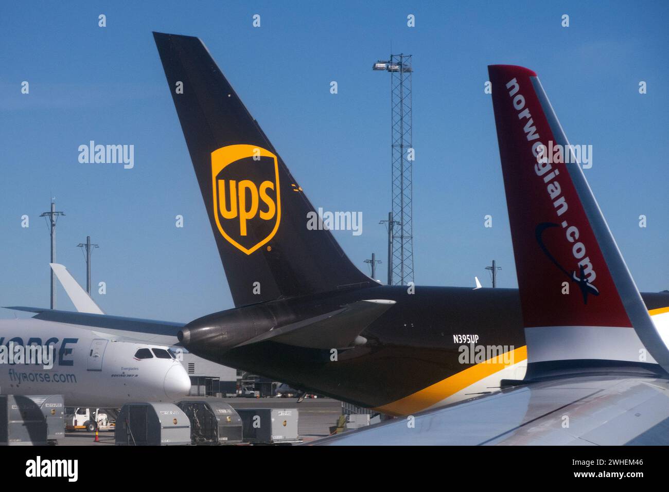 "31.03.2023, Norway, , Oslo - Tail of a UPS parcel service aircraft and ...