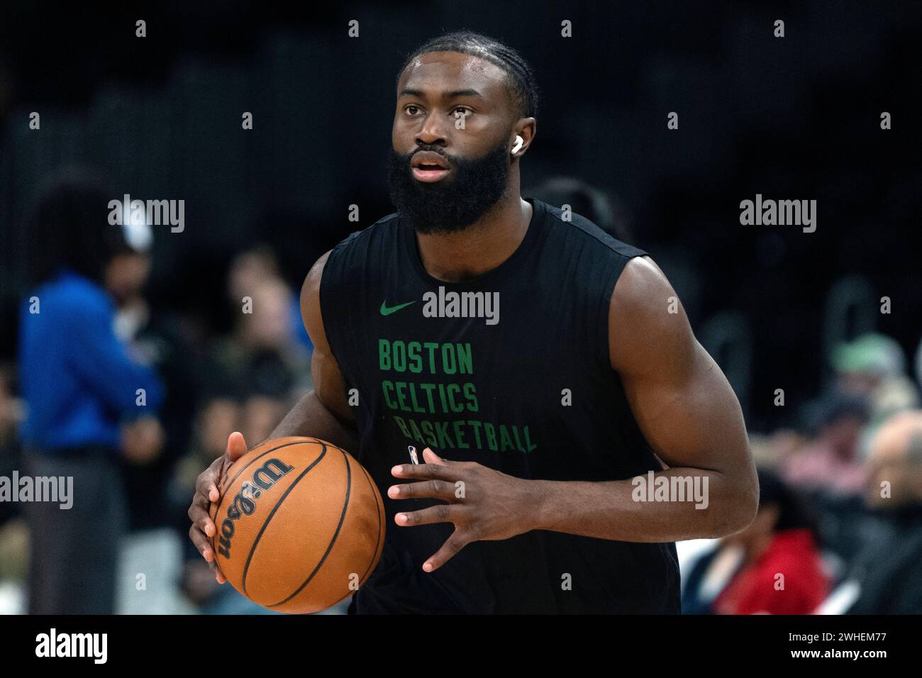 Boston Celtics' Jaylen Brown warms up before an NBA basketball game ...