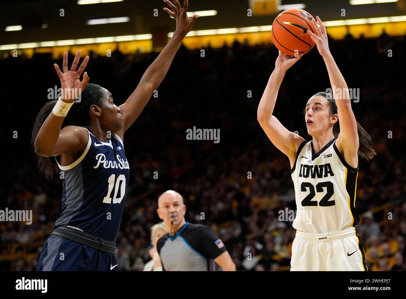 Iowa guard Caitlin Clark (22) shoots over Penn State forward Chanaya ...