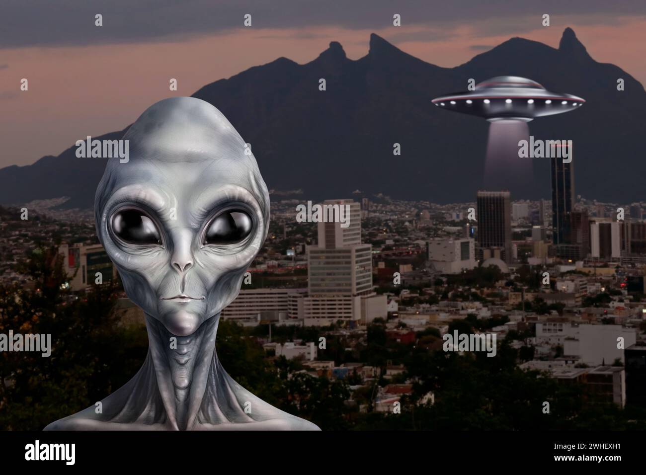 Alien and flying saucer at city. UFO, extraterrestrial visitors Stock ...