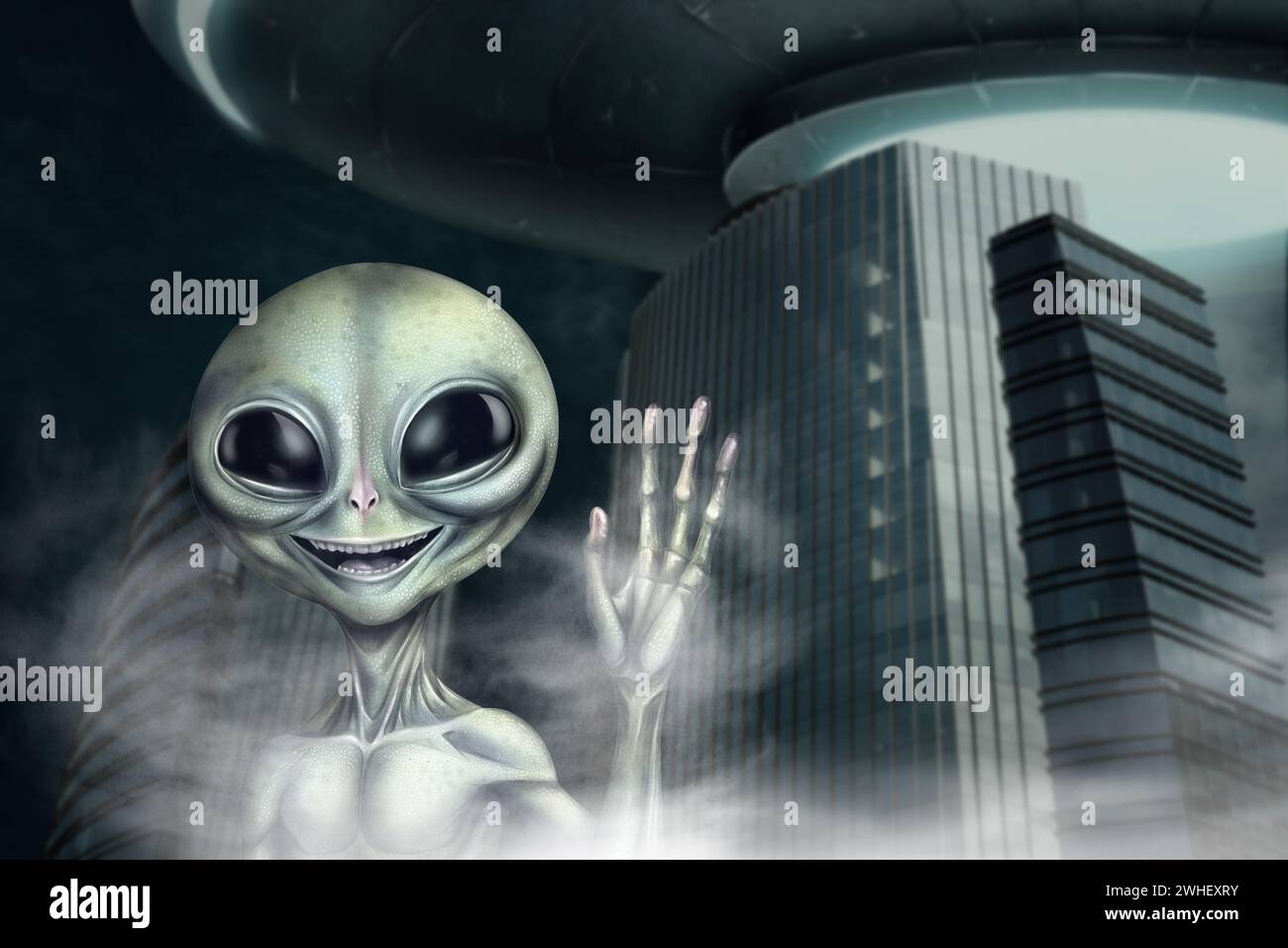 Alien and flying saucer at city. UFO, extraterrestrial visitors Stock ...