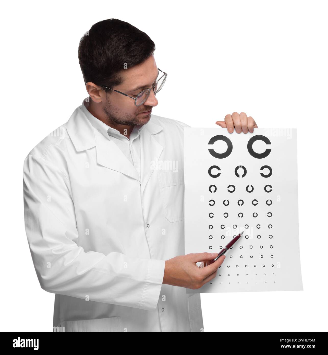 Ophthalmologist pointing at vision test chart on white background Stock ...