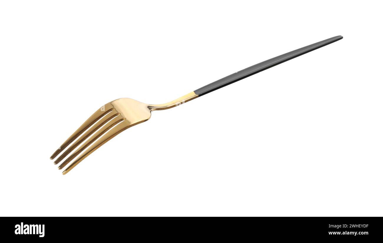 One shiny golden fork isolated on white Stock Photo - Alamy