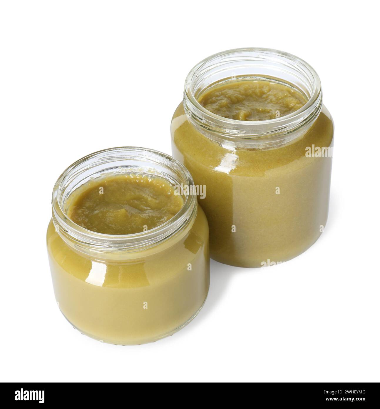 Baby food. Tasty healthy puree in jars isolated on white Stock Photo ...