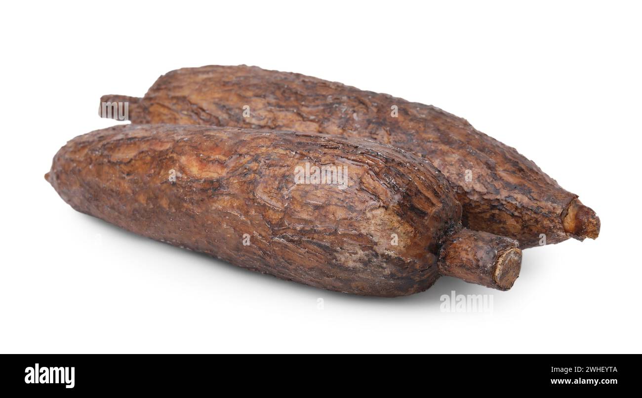 Two whole ripe cassava roots isolated on white Stock Photo - Alamy