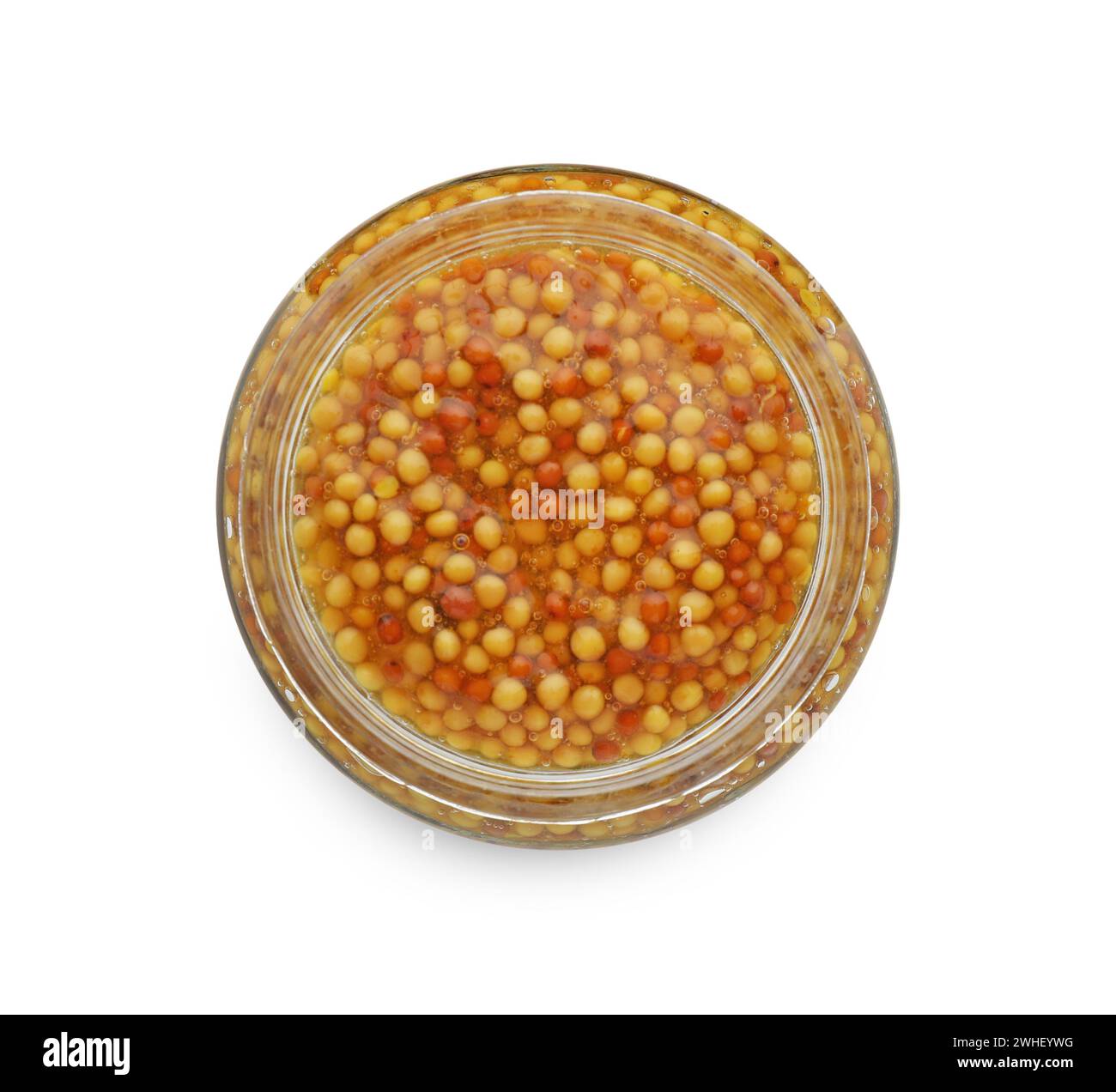 Fresh whole grain mustard in jar isolated on white, top view Stock ...