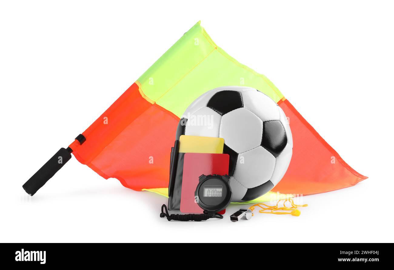 Football referee equipment. Soccer ball, flag, stopwatch, cards and ...