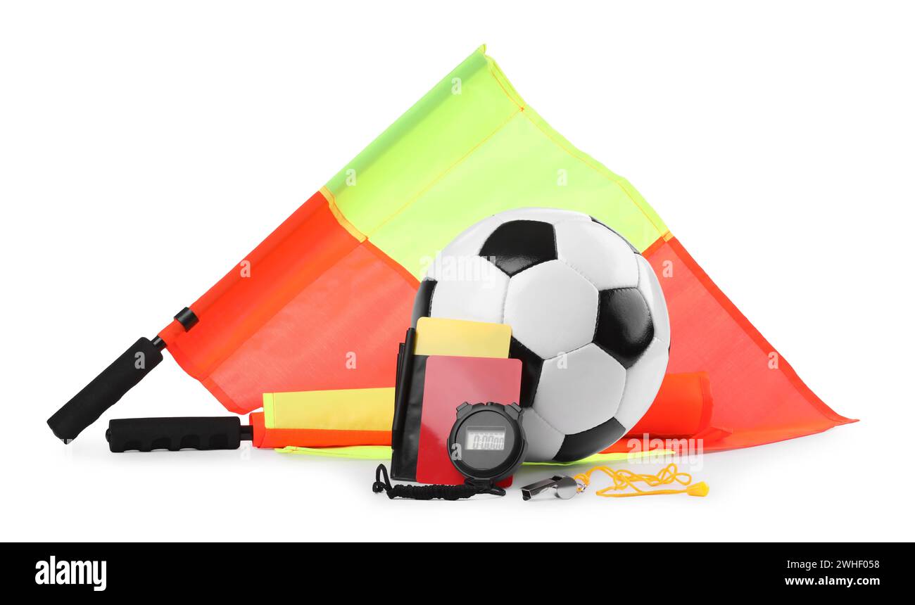 Football referee equipment. Soccer ball, flags, stopwatch, cards and ...