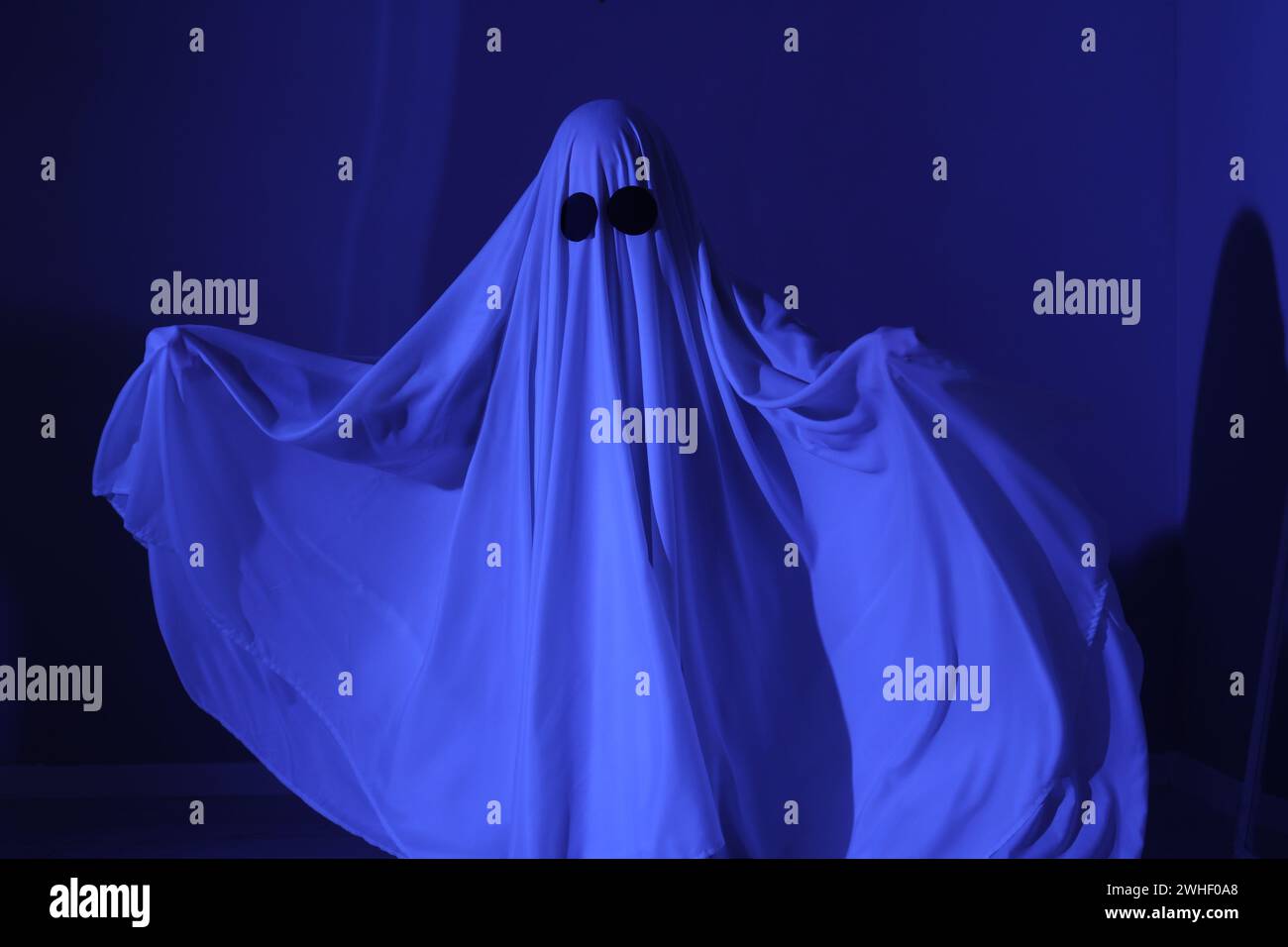 Creepy ghost. Woman covered with sheet in blue light Stock Photo - Alamy