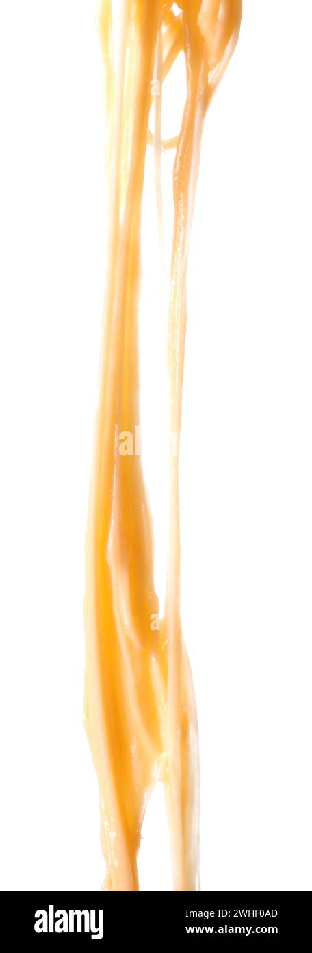 Stretching delicious melted cheese isolated on white Stock Photo - Alamy