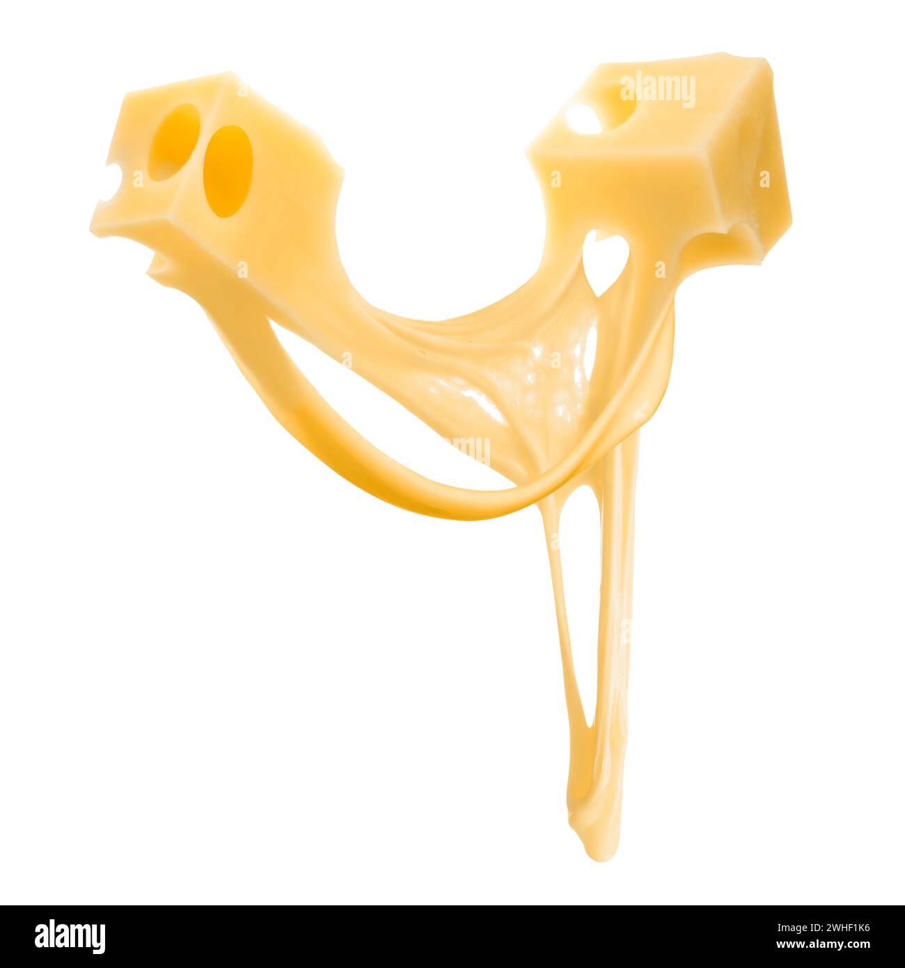 Tasty cheese stretching in air on white background Stock Photo - Alamy