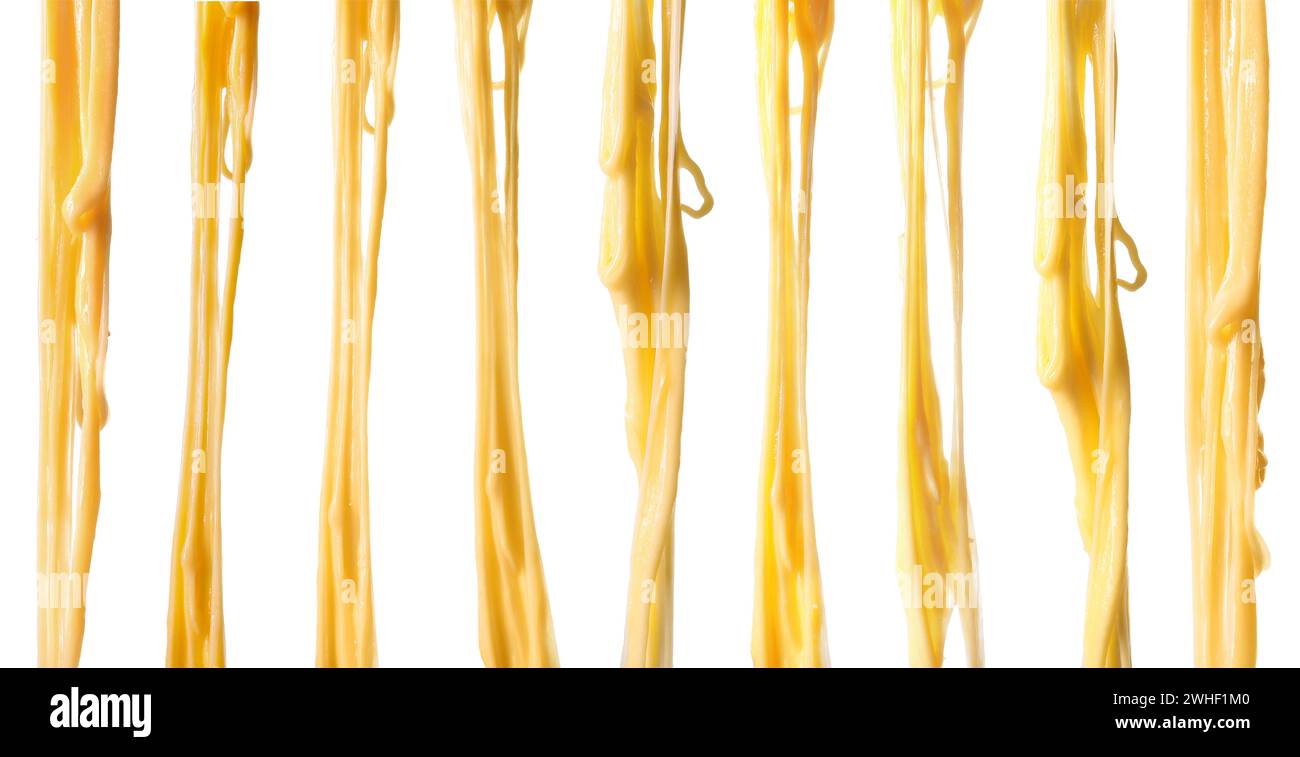 Stretching delicious melted cheese isolated on white, set Stock Photo ...