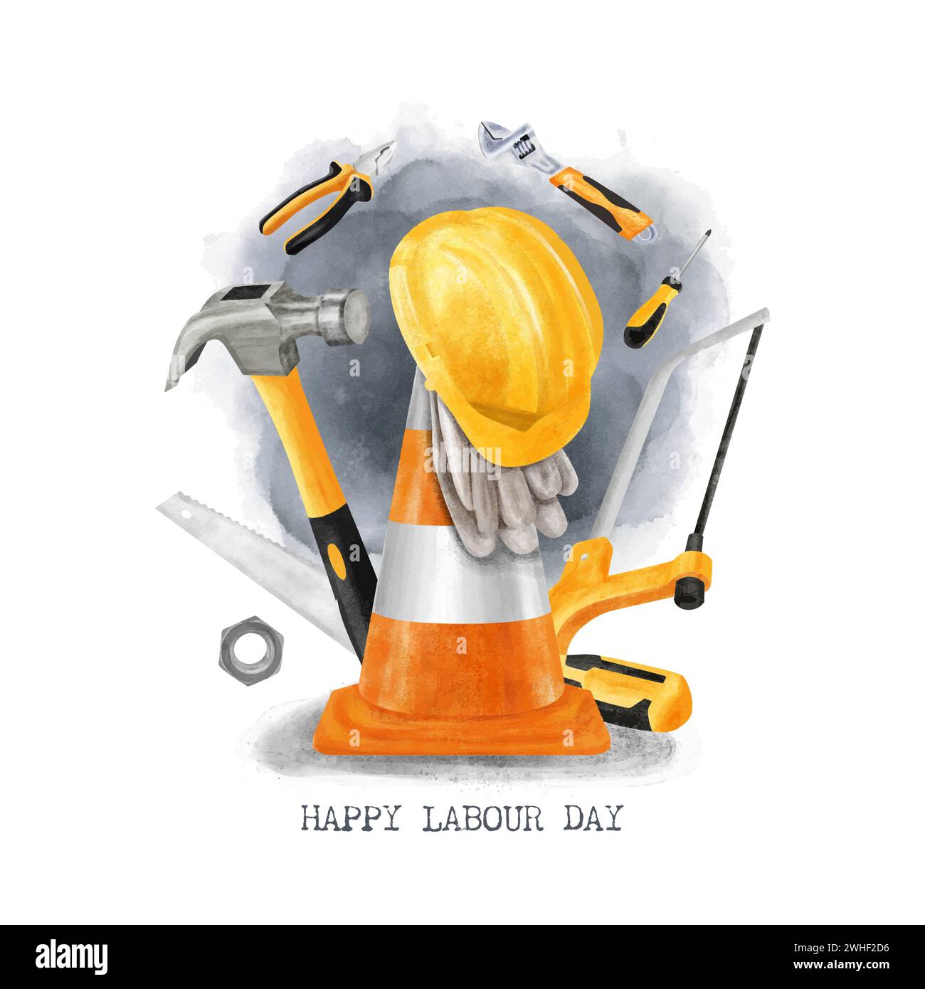 Watercolor Happy Labor Day hand drawn illustration with construction ...