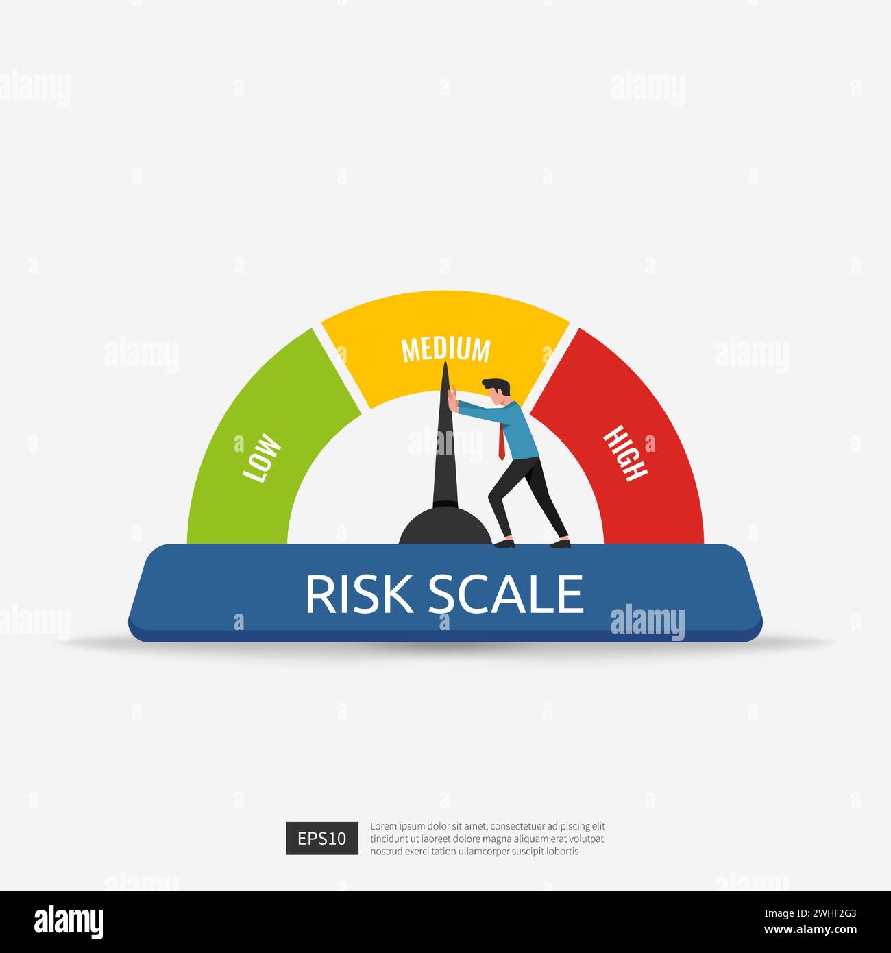 Businessman pushes risk scale arrow gauge indicator concept vector ...