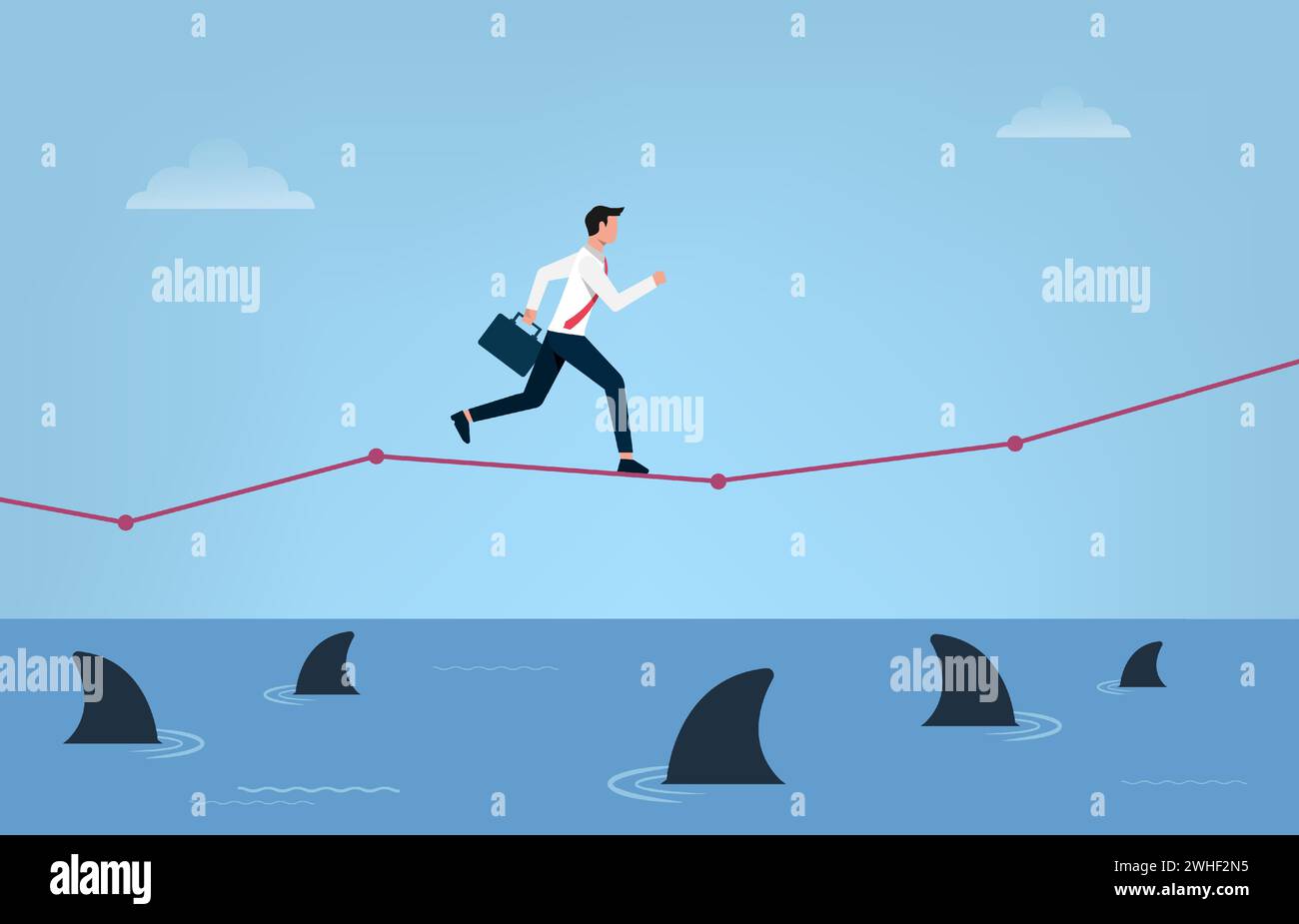 Business risk concept. Businessman running on graph over water with ...