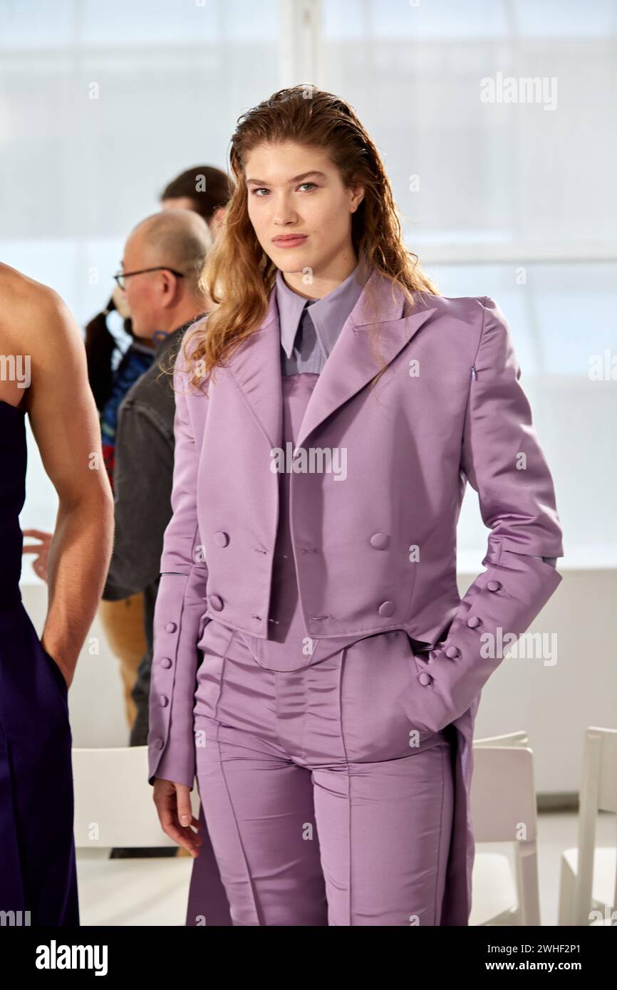 New York, New York, USA. 9th Feb, 2024. A model presents a creation ...