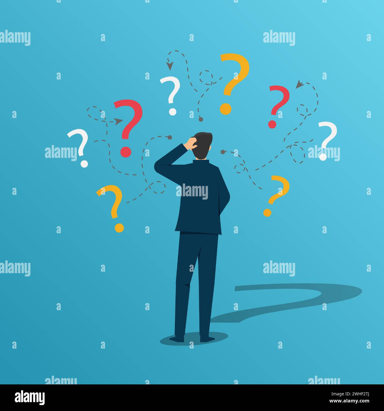 Unsure businessman thinking and doubting with question mark concept Stock Vector Image & Art - Alamy