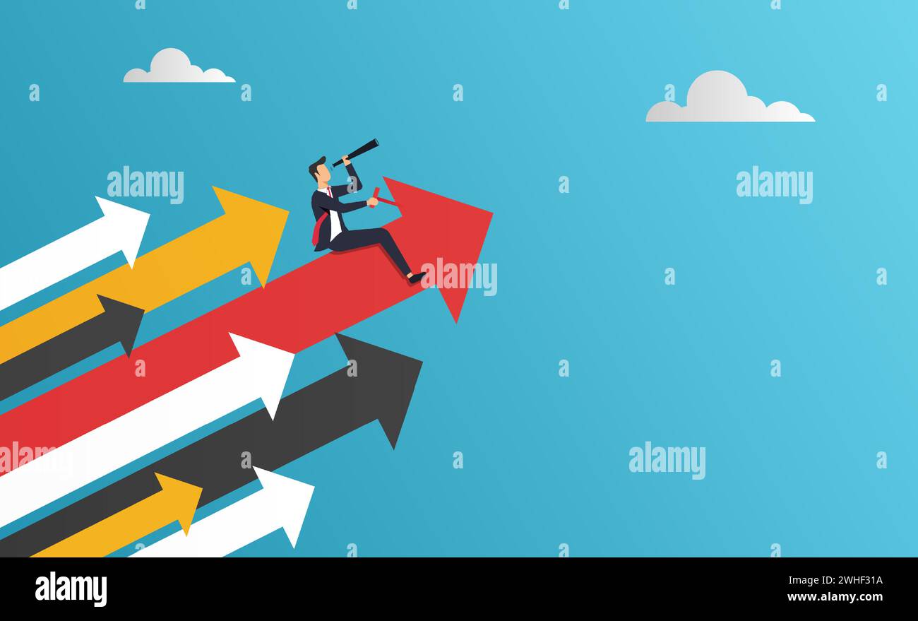 Businessman sit on red arrow hold binocular forward fly to go success ...