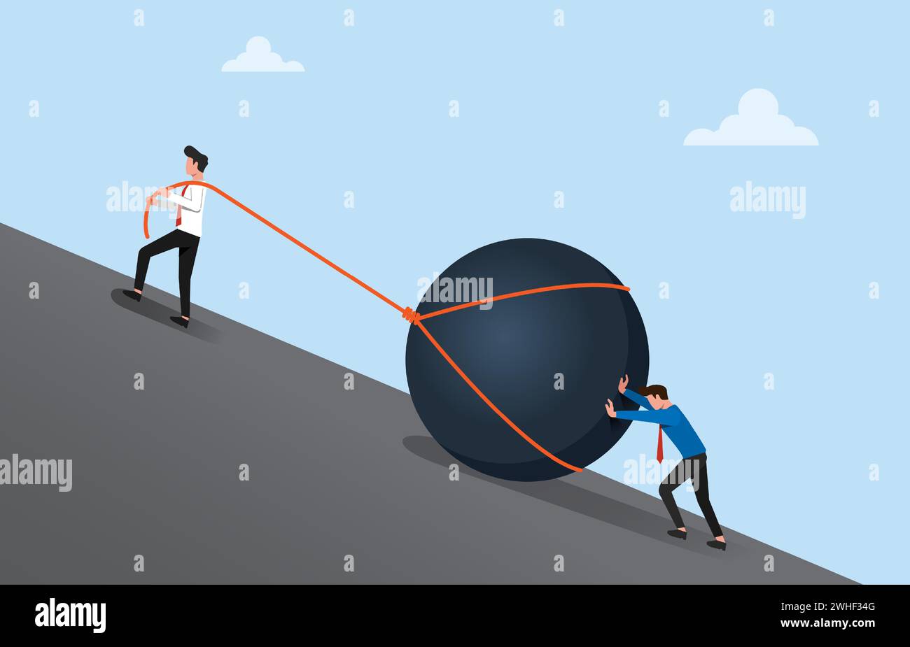 Two businessmen pushing a big stone uphill vector illustration ...