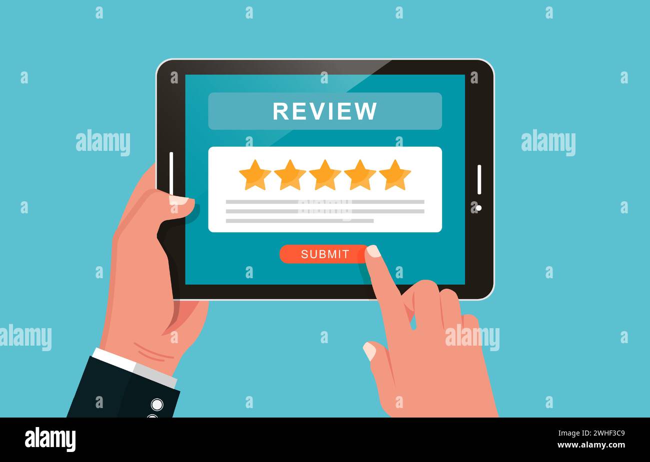 Hand holding tablet and giving review or feedback on app concept ...