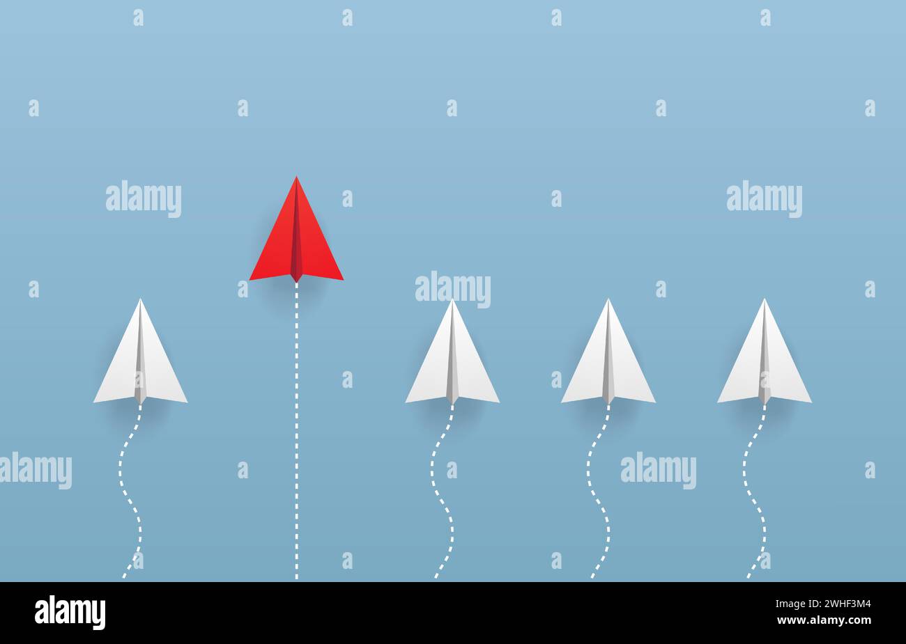 leadership concept with red and white planes on blue sky. Lead airplane ...