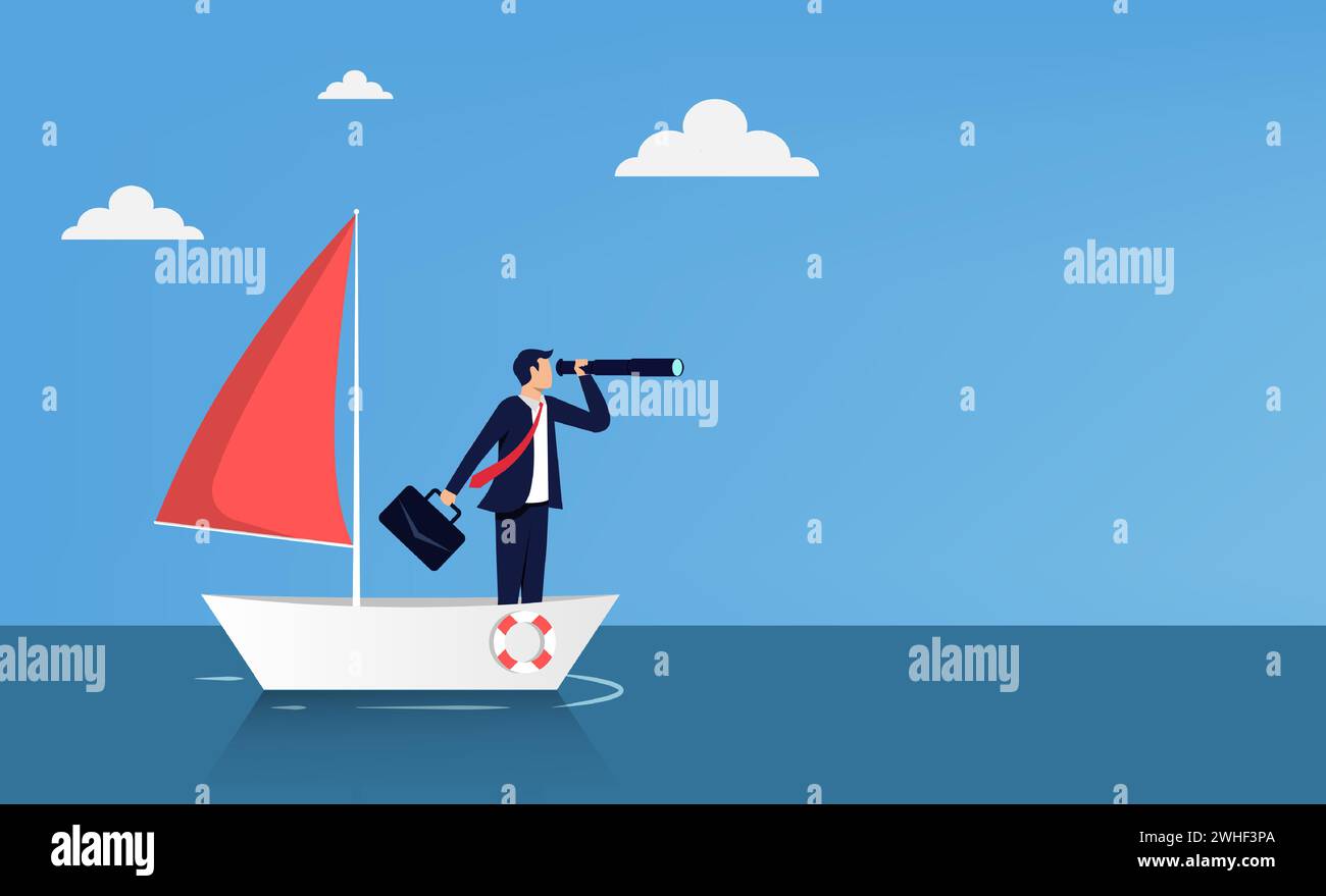 Businessman standing with telescope on the sailboat. Business vision ...