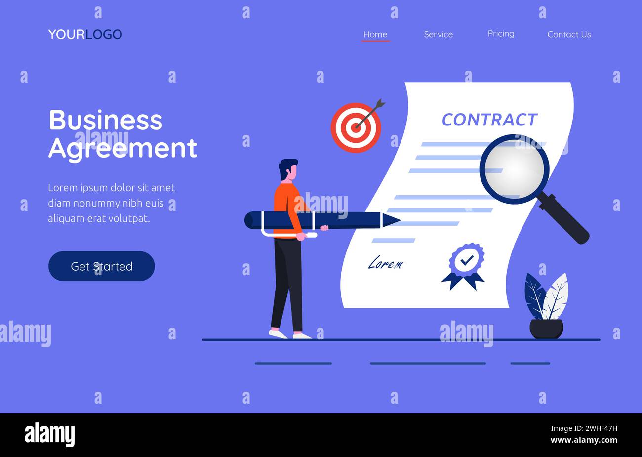 Landing page template of business agreement contract concept. A man ...