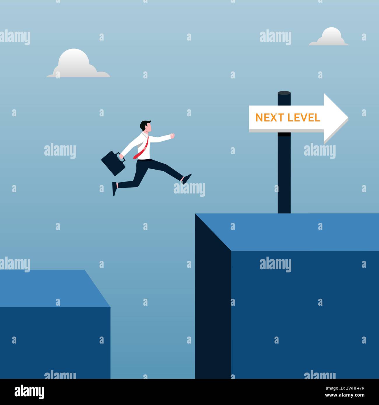 Next level success of business concept. Businessman jumping to achieve ...