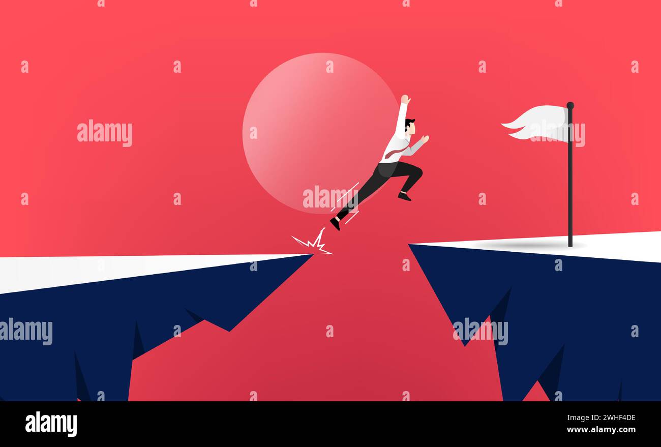 Courage businessman jump through the gap between hill. Business symbol ...