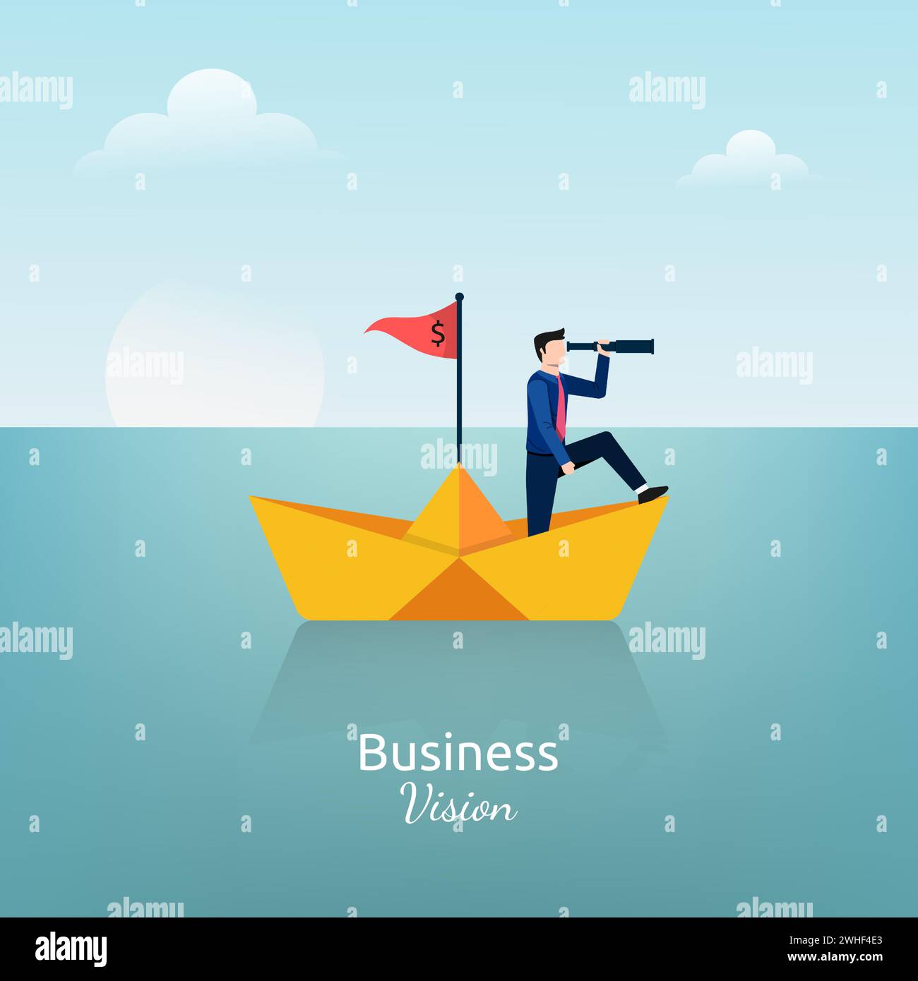 Businessman standing with telescope on the paper ship symbol. Business ...