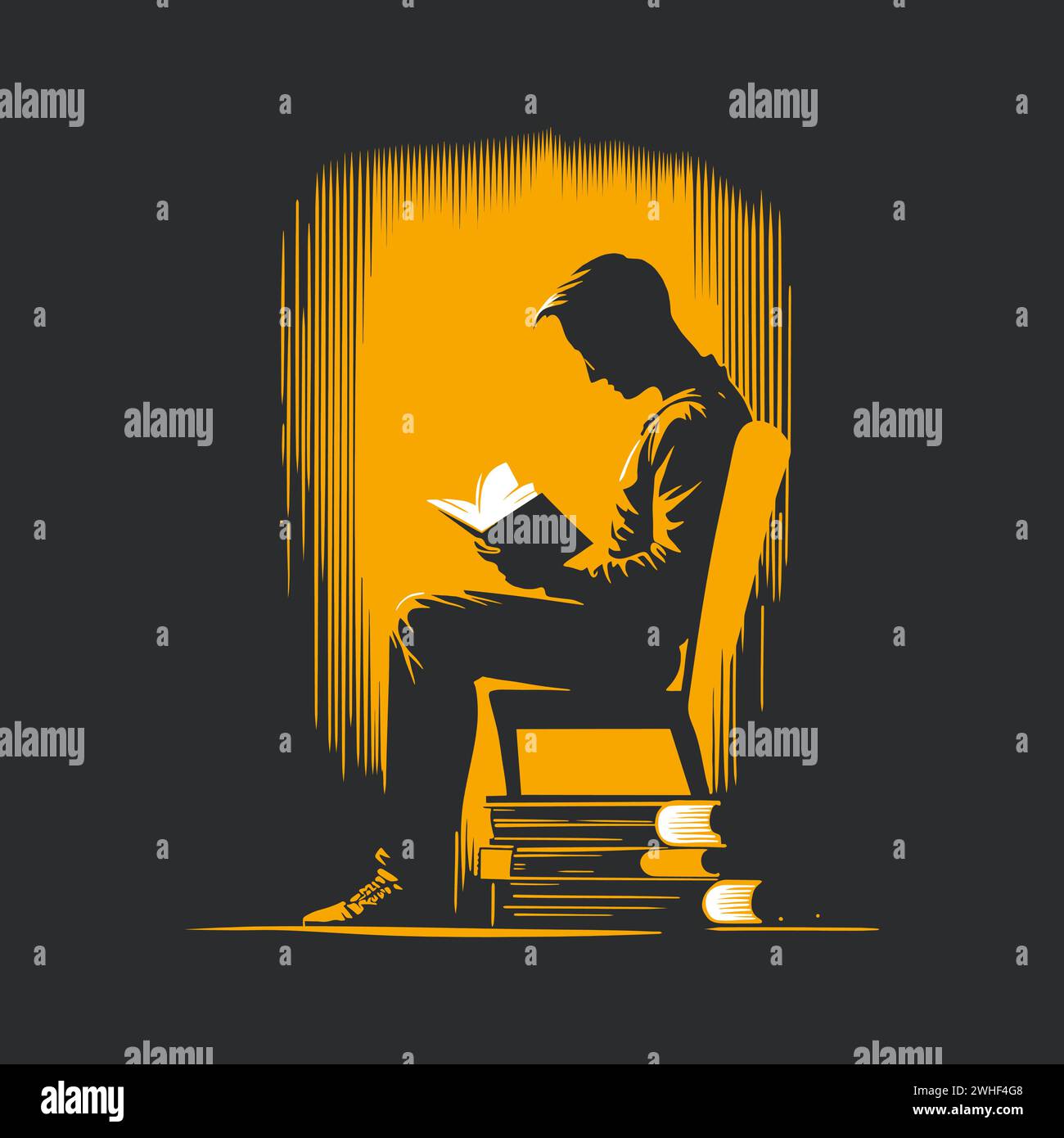 Vector Illustration Of A Man Sitting Reading Book Hand Drawn Style And