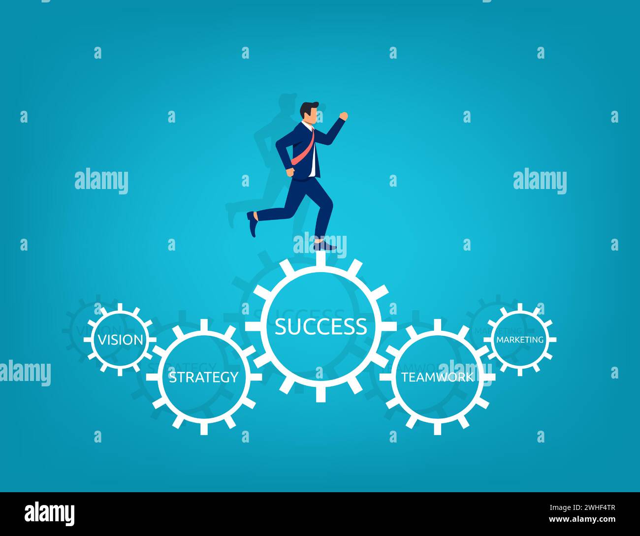 Businessman running on gear with the text success concept. Business ...