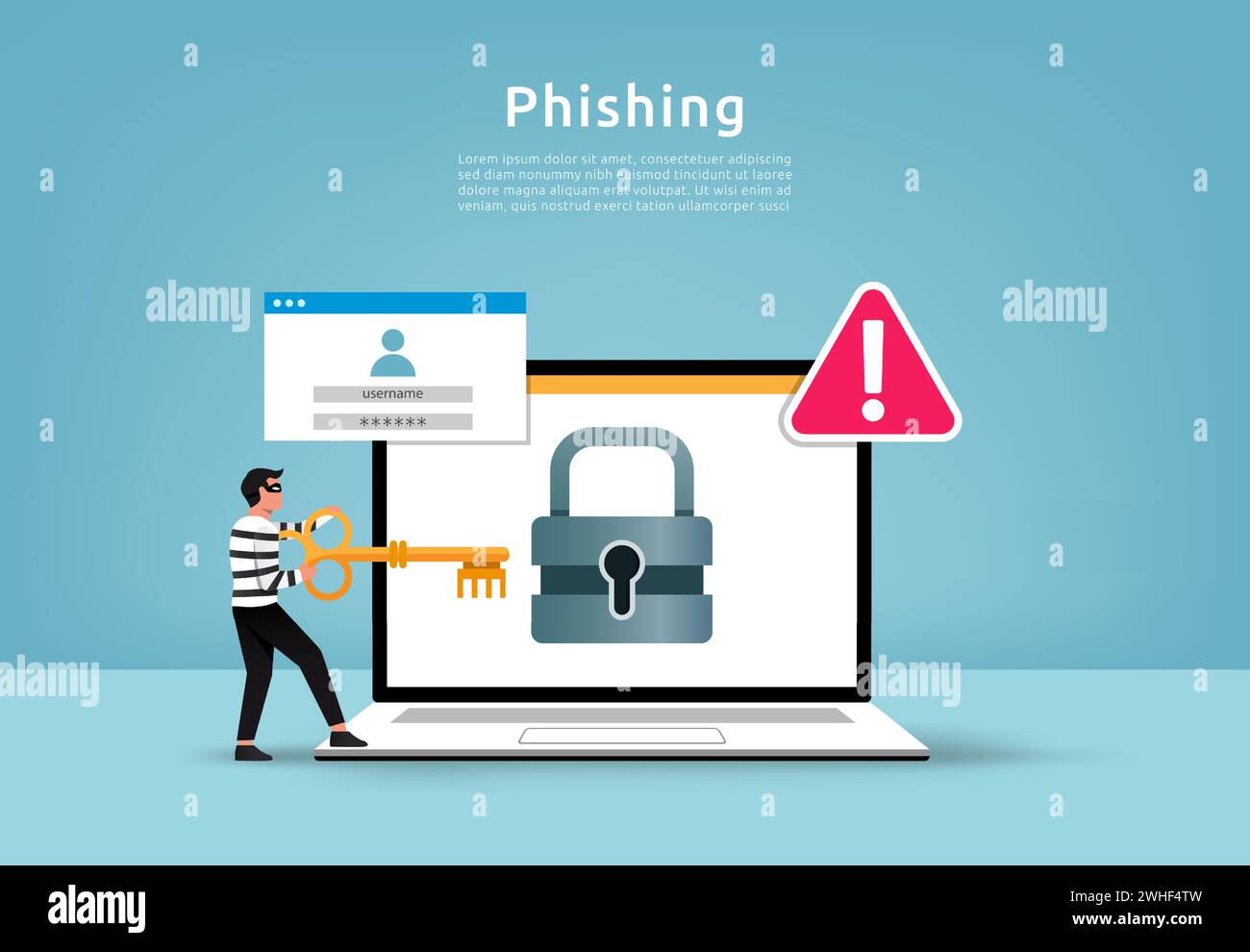Hacker stealing digital data concept. Phishing account with warning ...
