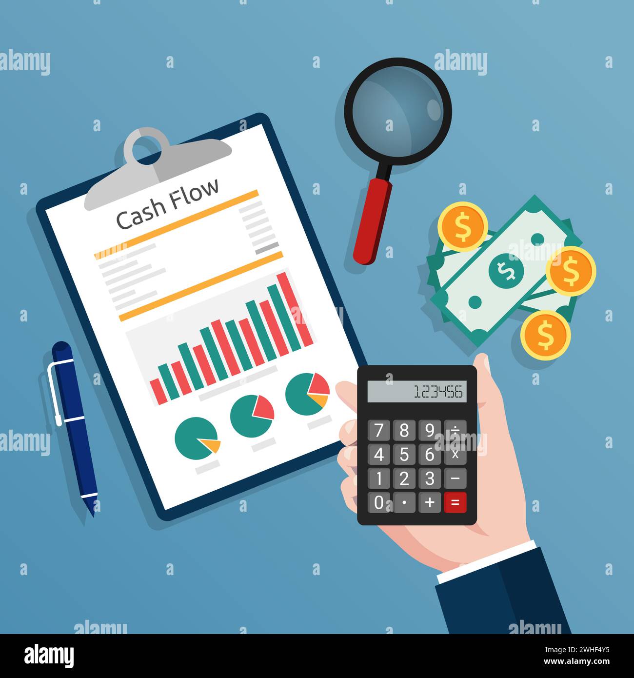Accountant holding a calculator checks cash flow report concept ...