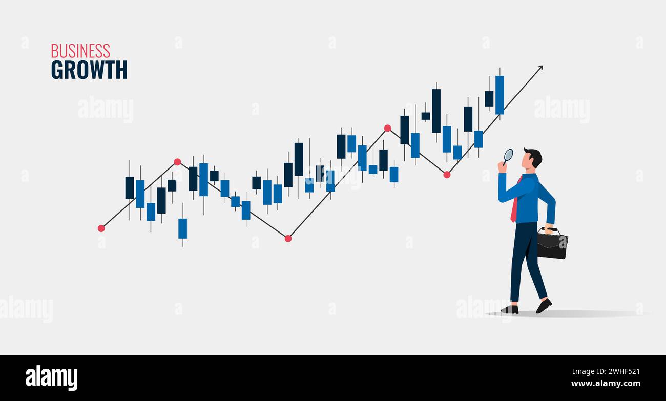 Business growth concept with businessman holding magnifier to analyze ...