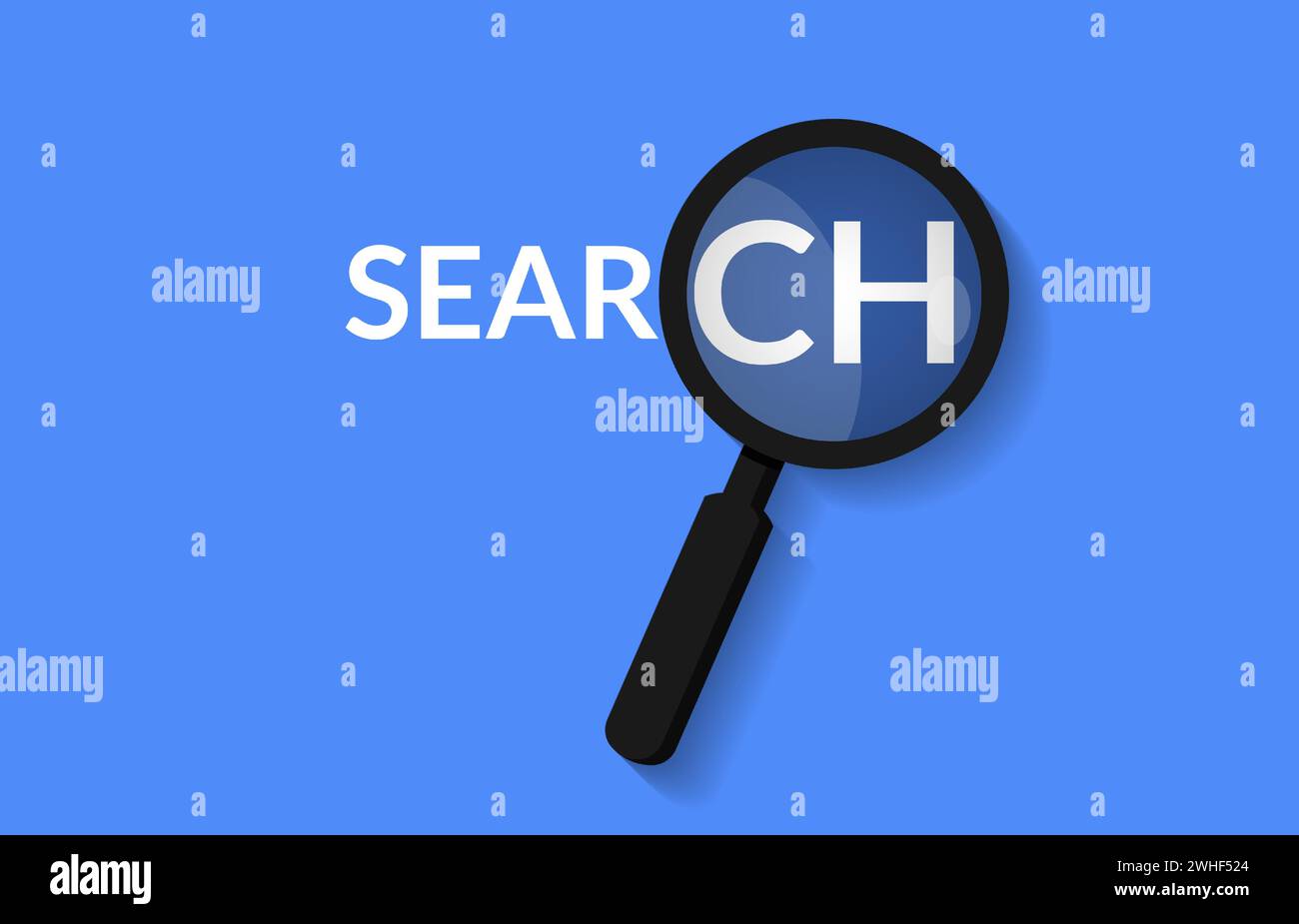 Magnifier and search word concept isolated with blue background vector ...