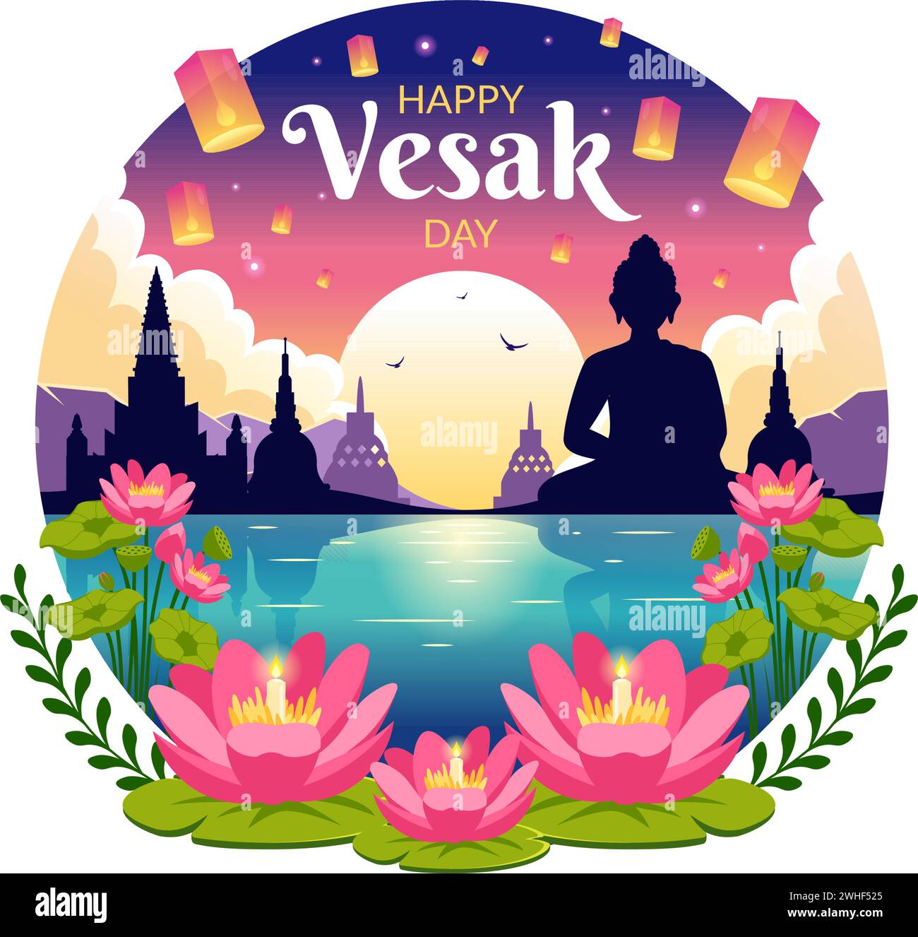Vesak Day Celebration Vector Illustration with Temple Silhouette, Lotus ...